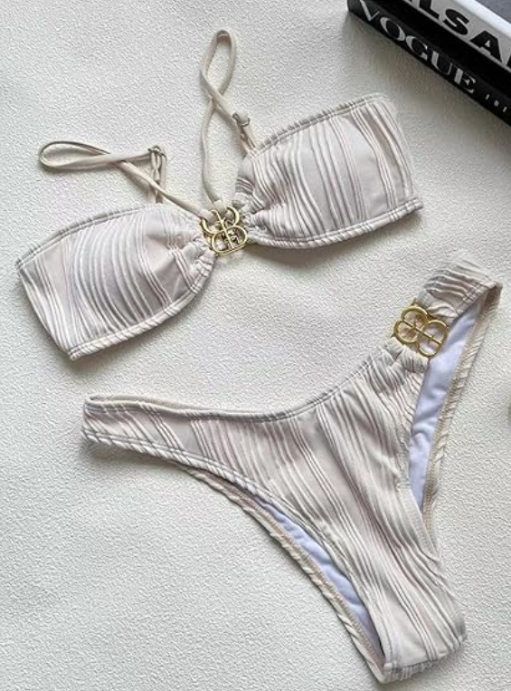 Cream Metallic Detail Textured Two Piece Bikini Swimsuit – The Curvves