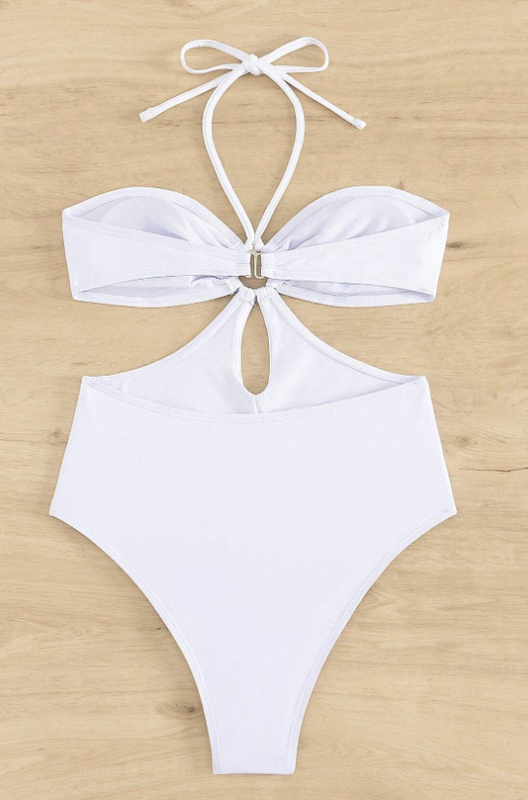 Monokini Solid Color Cut Out Design Halter Neck Swimsuit White – The ...
