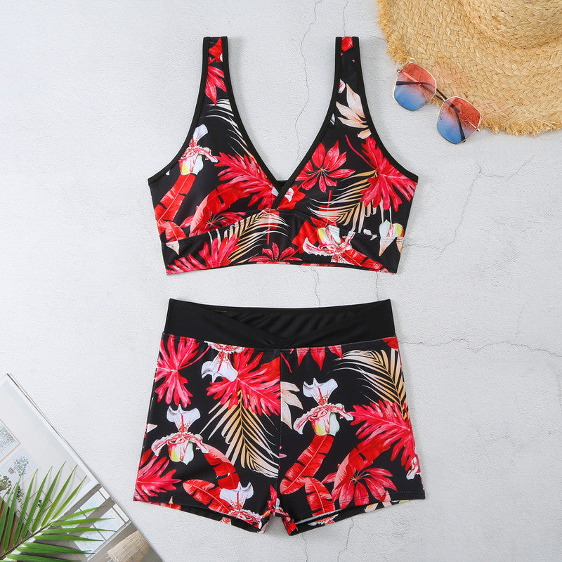 Tropical Plant Print Deep V Neck Two Pieces Set Tankini with Short Bot ...